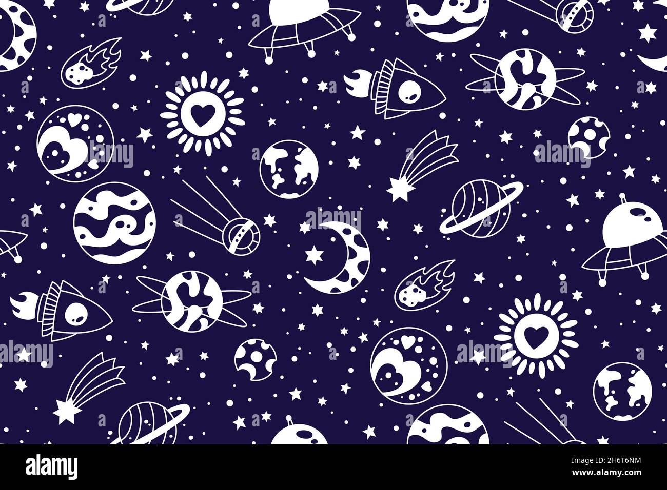 Space seamless pattern with planets, rocket, comet and stars ...