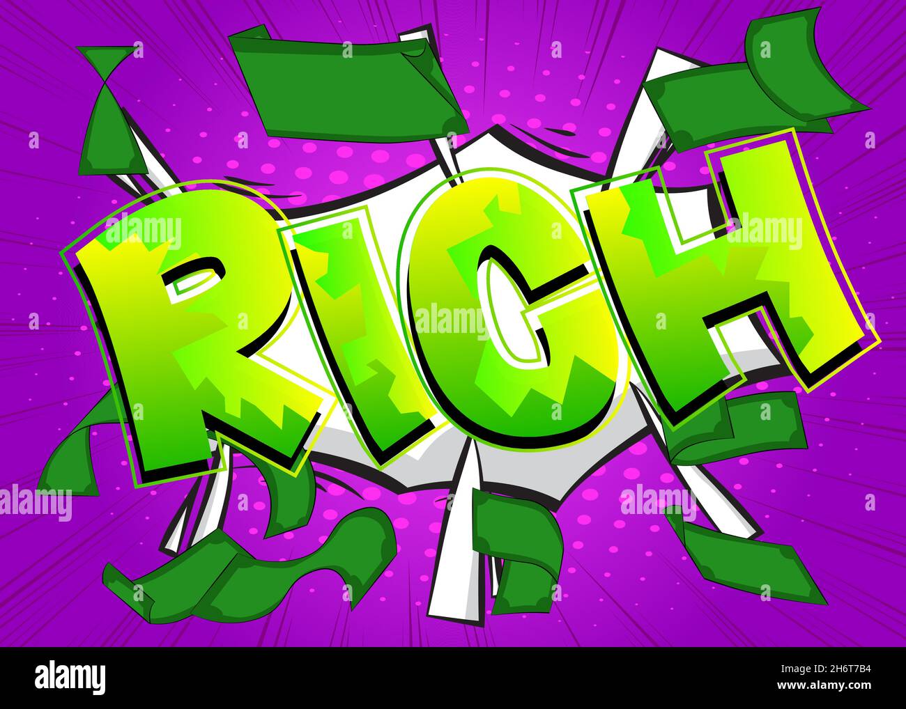 Rich. Comic book word text on abstract comics background. Retro pop art ...