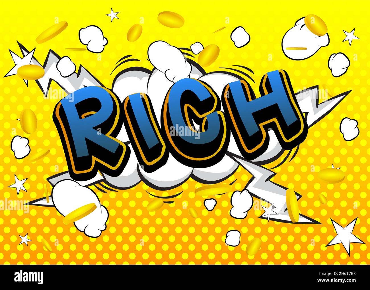 Rich. Comic book word text on abstract comics background. Retro pop art ...