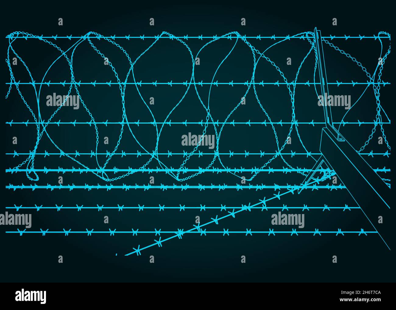 Stylized vector illustration of a fence with barbed wire and razor tape ...