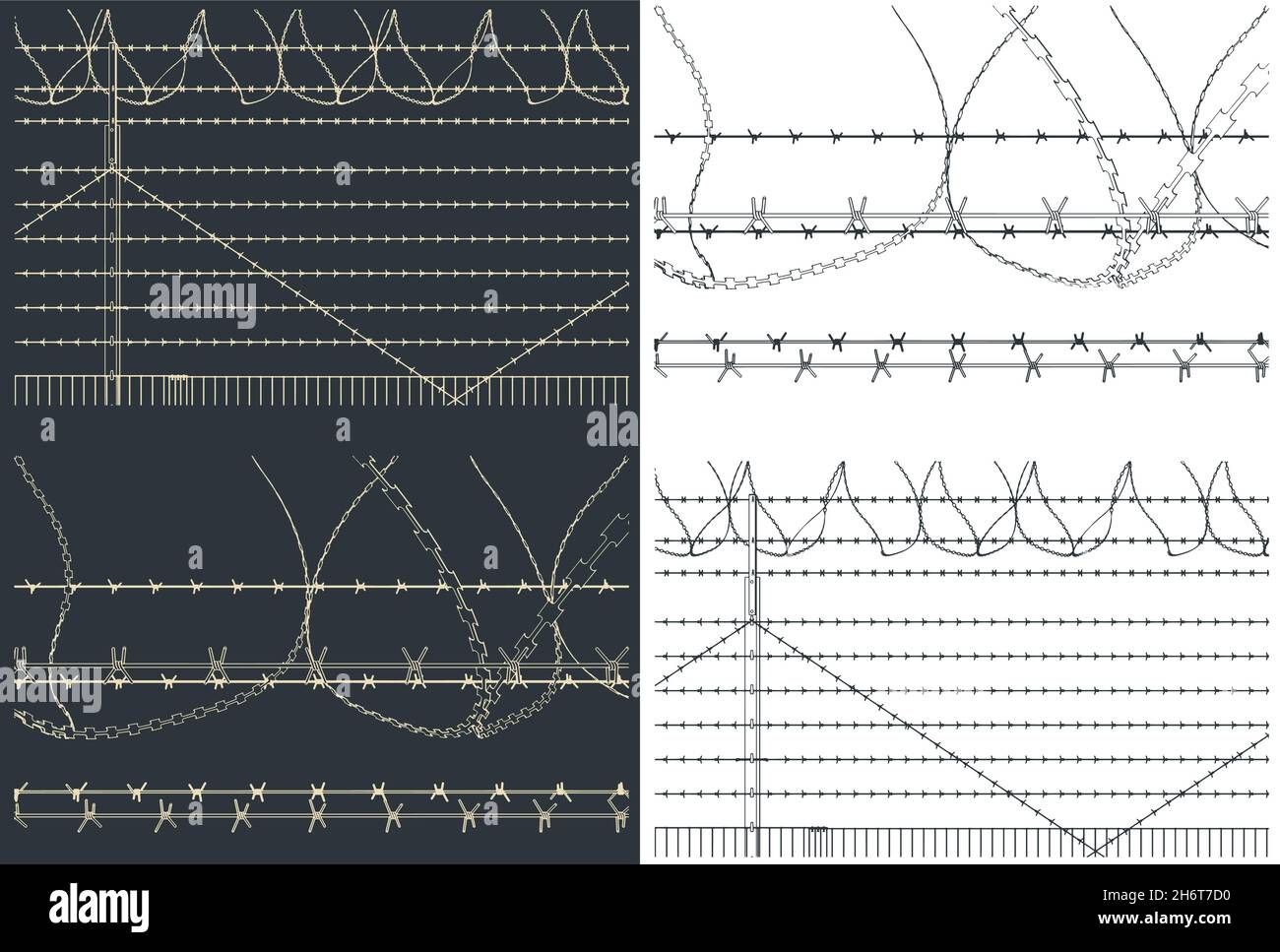 Stylized vector illustration of a fence with barbed wire and razor tape ...