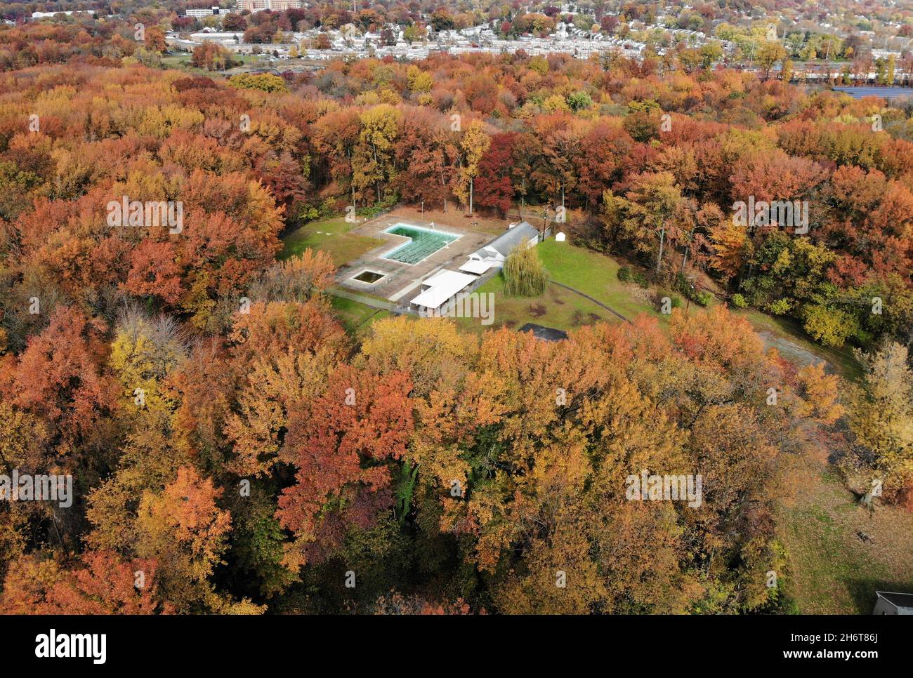 The aerial view of the public swimming pool surrounded by stunning fall ...