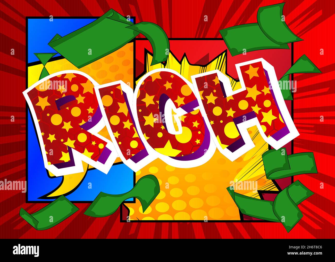 Rich. Comic book word text on abstract comics background. Retro pop art ...
