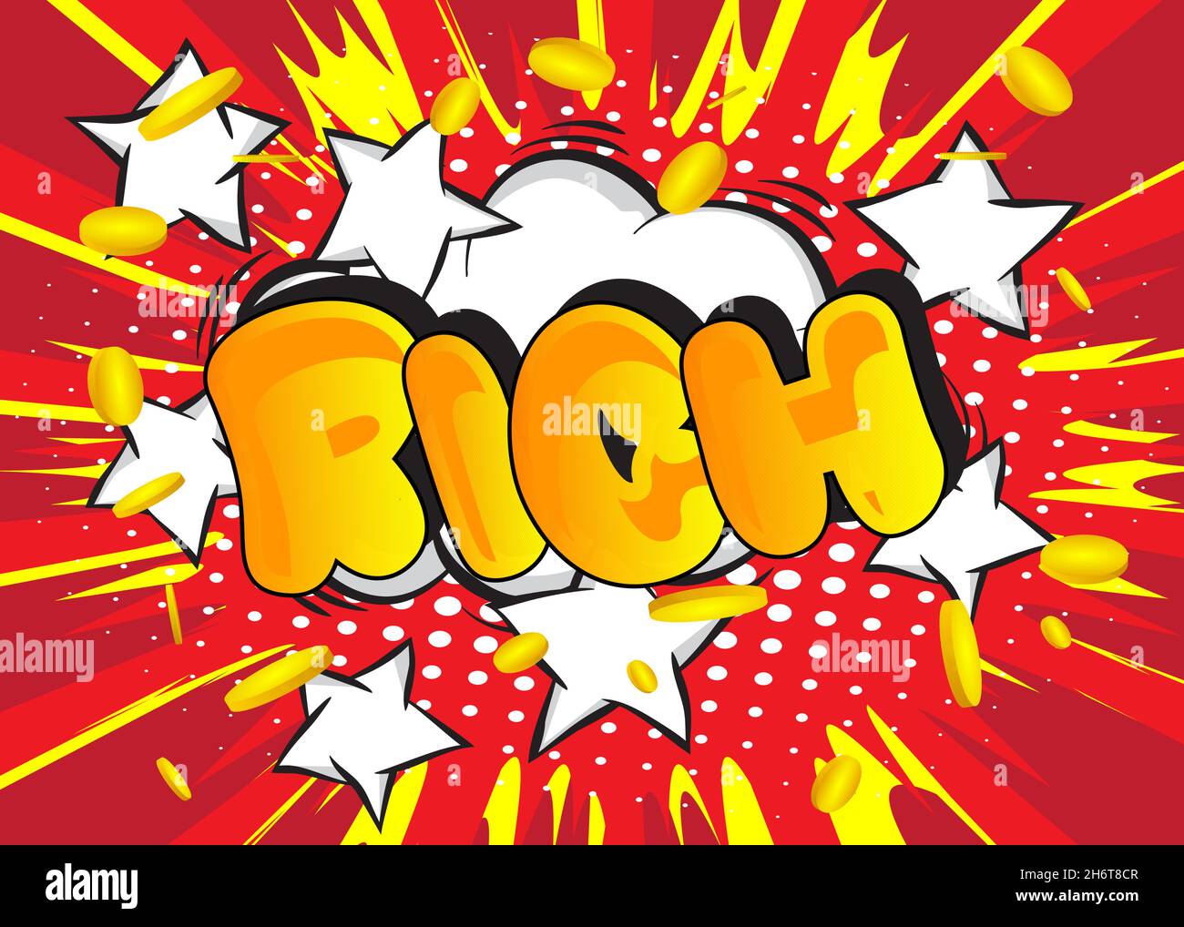 Rich. Comic book word text on abstract comics background. Retro pop art ...