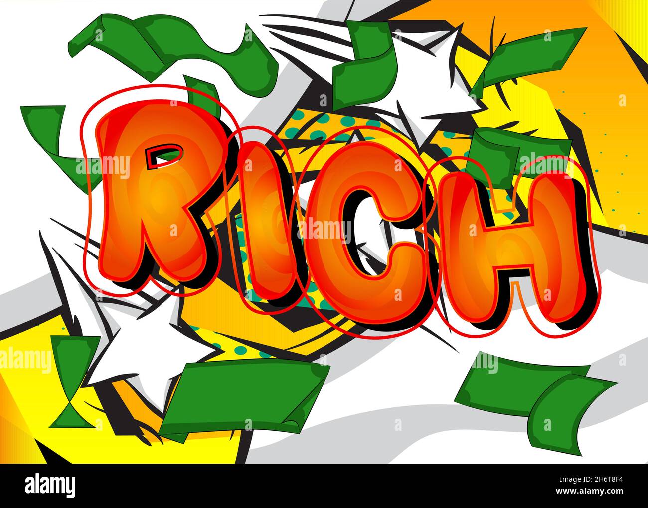 Rich. Comic book word text on abstract comics background. Retro pop art ...