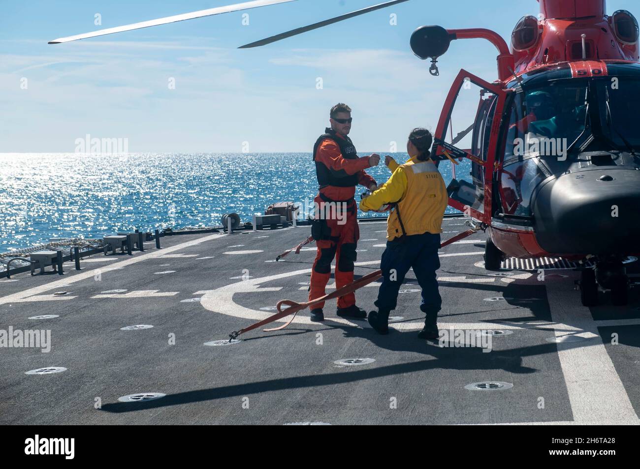 Crew members aboard USCGC Stone (WMSL 758) conduct helicopter flight ...