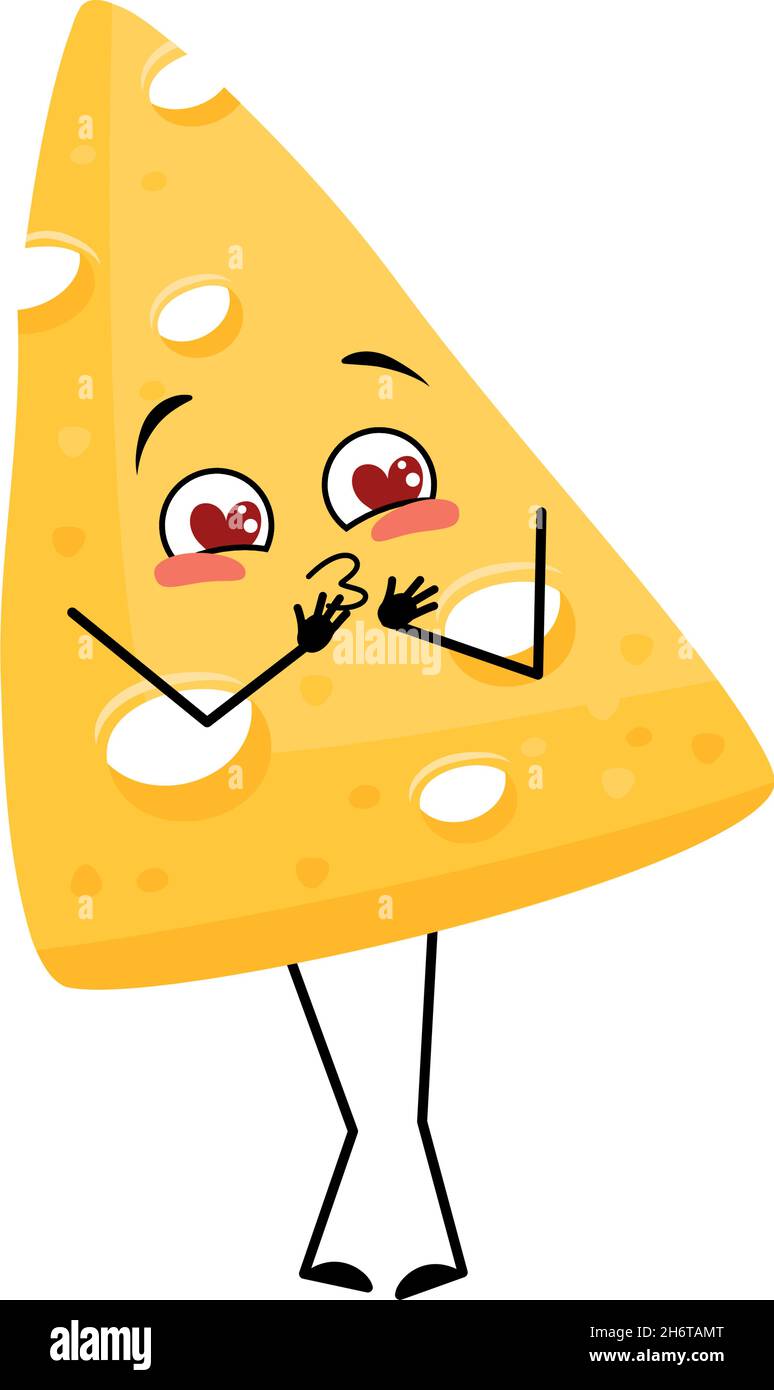 Cute cheese character falls in love with eyes hearts, kiss face, arms ...