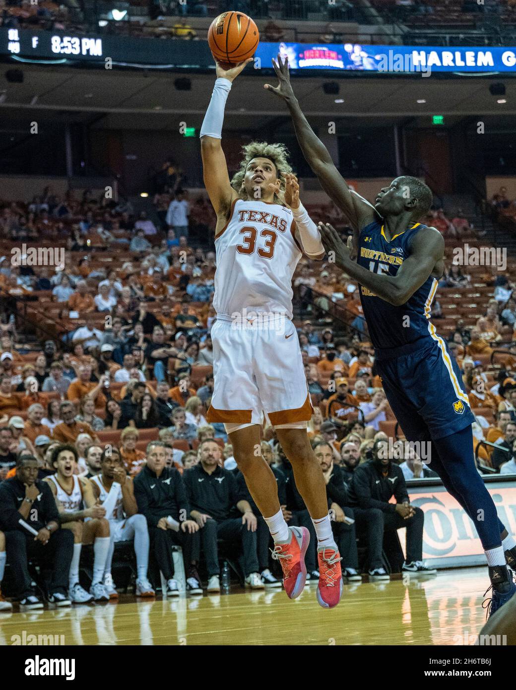 Center. 17th Nov, 2021. Tre Mitchell #33 of the Texas Longhorns in action vs the Northern ...