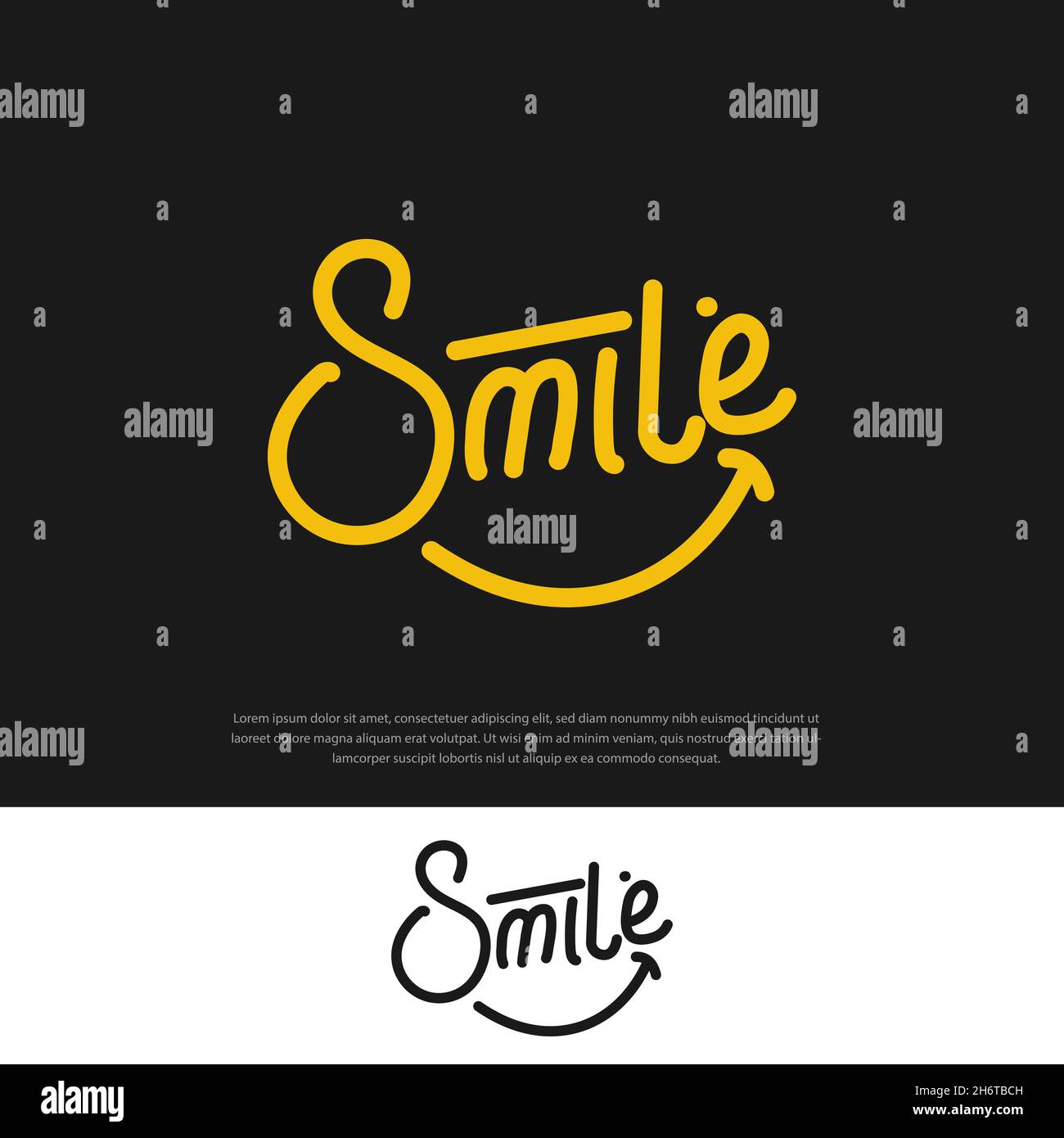 Hand drawn yellow typography smile logo on dark and white background ...