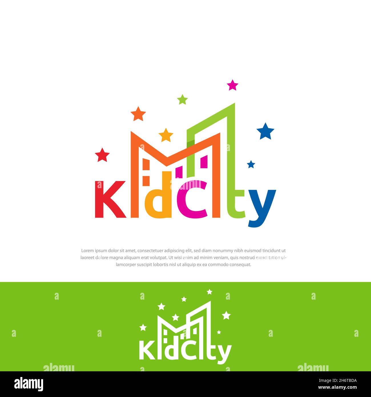 Kids city vector logo design element, colorful city decorated with ...