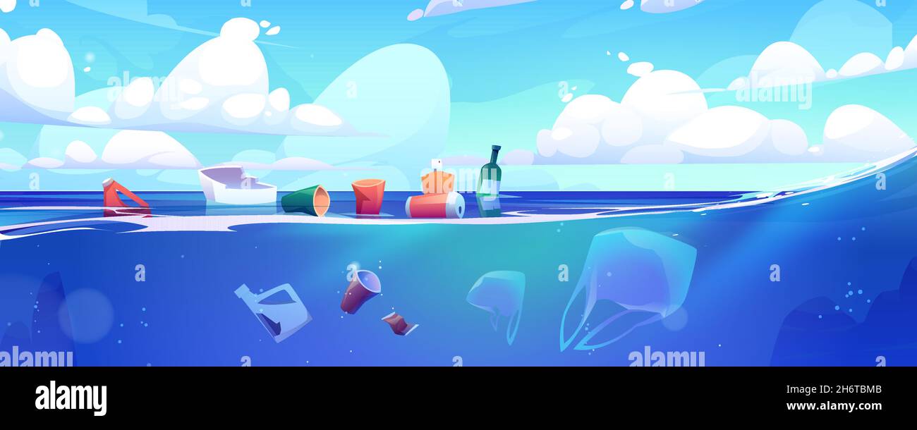 Plastic garbage floating on ocean water surface. Sea with different ...