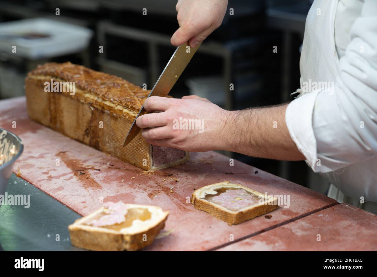 Closeup of preparing food in a store of a French traditional pork ...