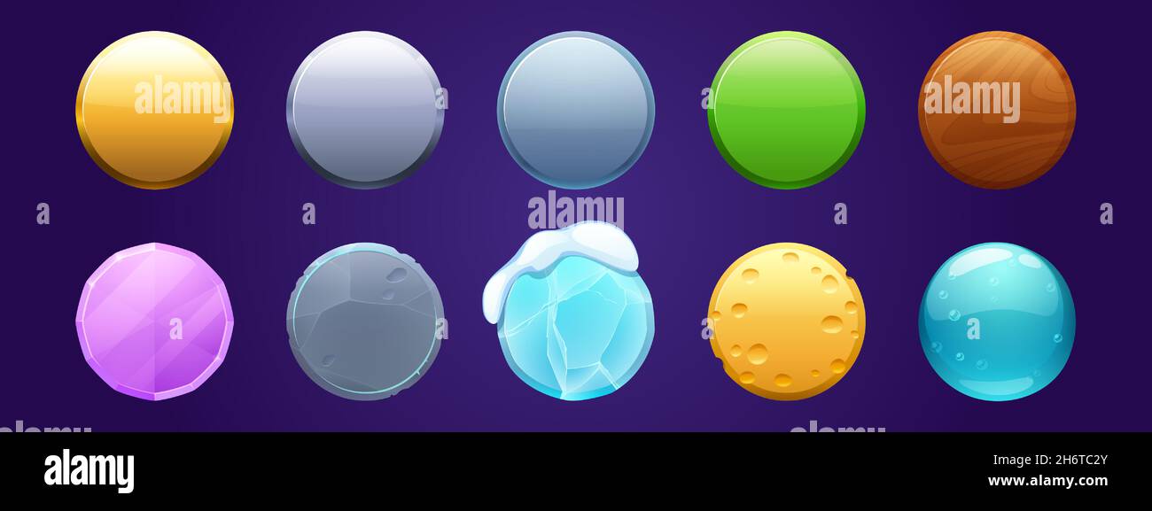 Game ui app icons, round buttons, cartoon menu interface textured ...