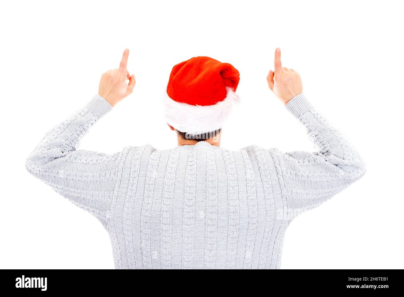 Rear View of the Man in Santa Hat with Fingers Up Isolated on the White ...
