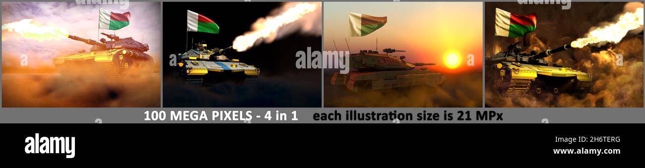 4 illustrations of detailed modern tank with fictional design and with ...