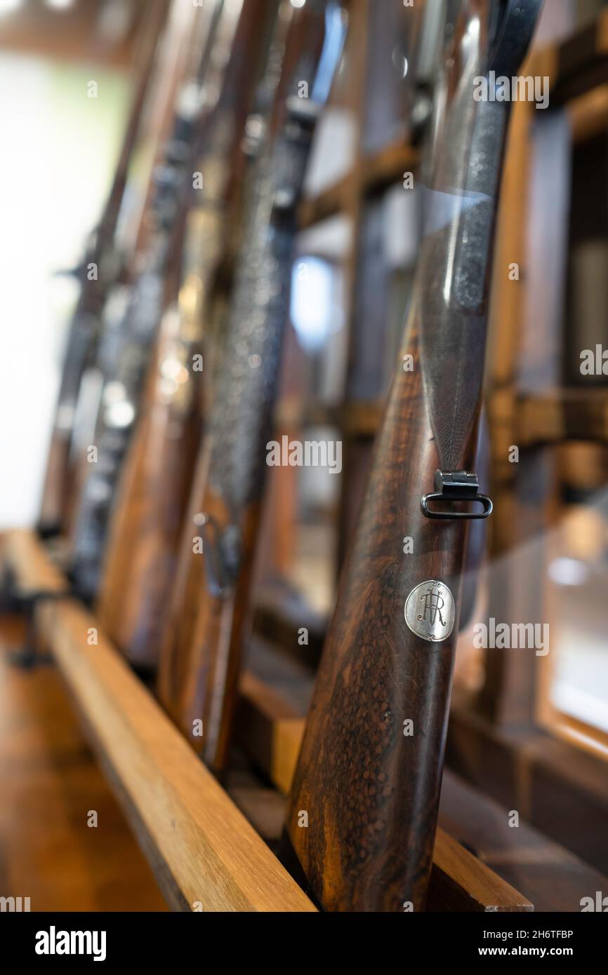 A row of 17th century hunting rifles on display at Doorwerth Castle ...