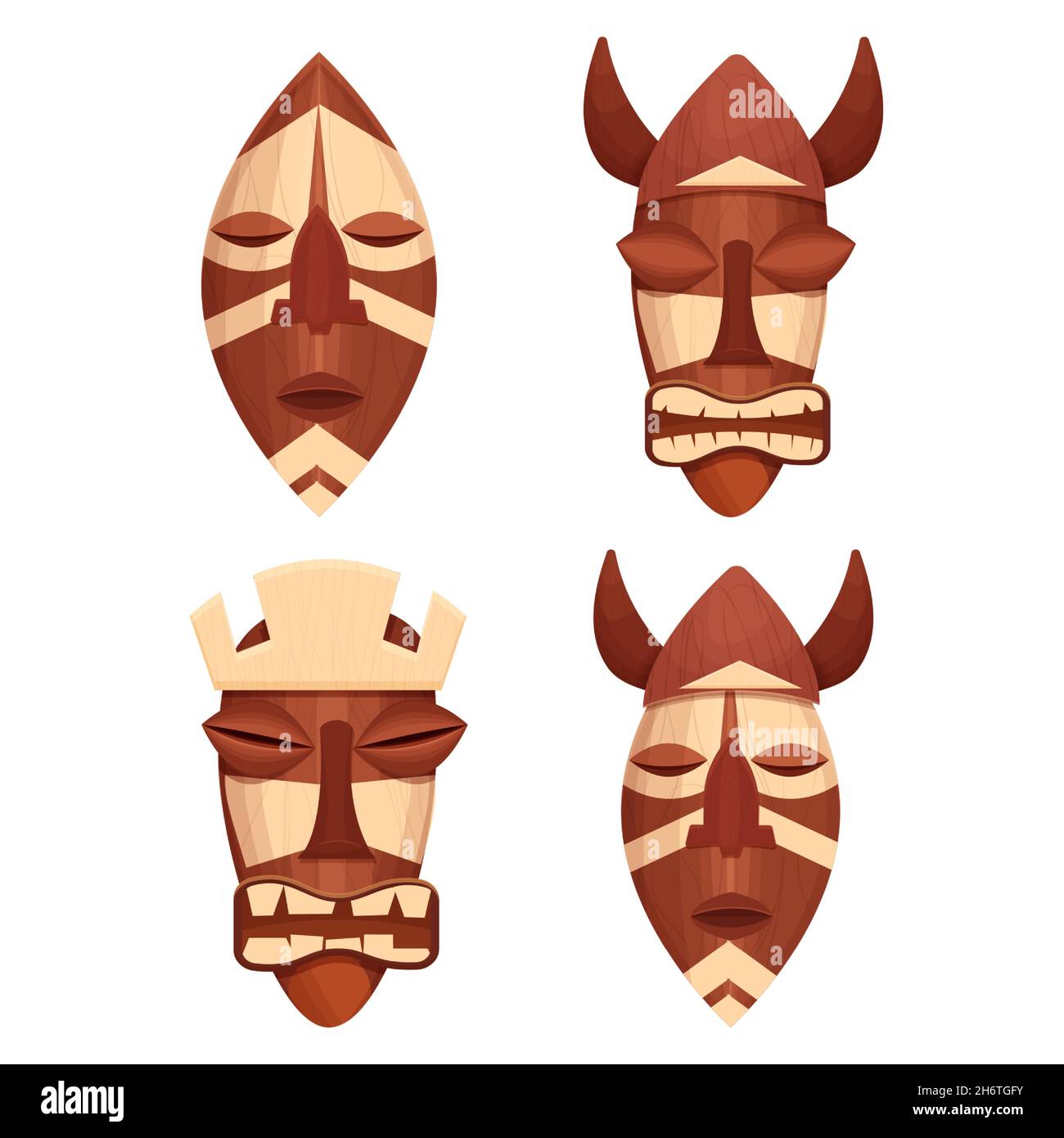 Set African tribal wooden mask, totem face, aborigine avatar in cartoon ...