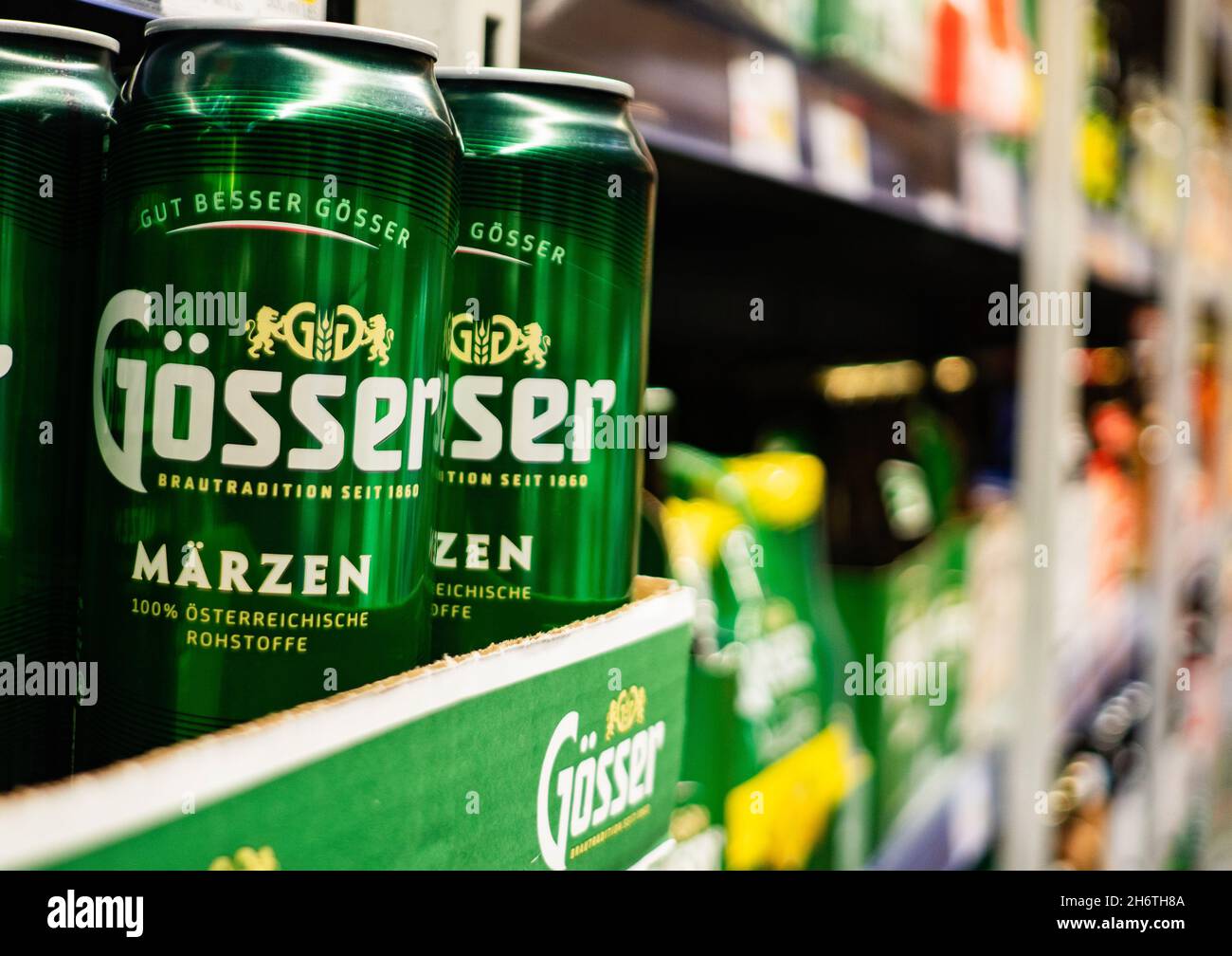 Gosser Marzen beer can packs seen on the shelf at a store. (Photo by Igor Golovniov / SOPA ...