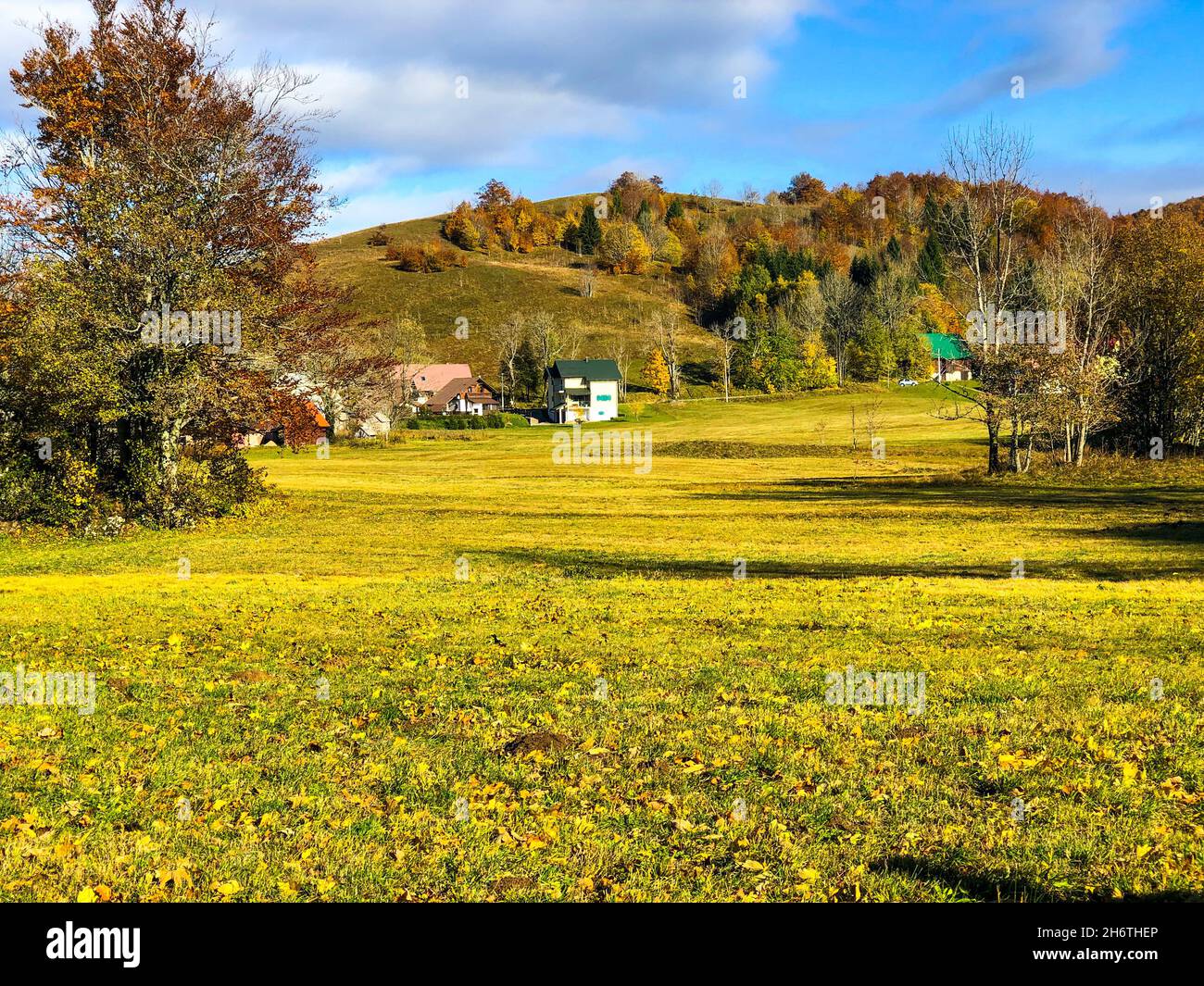 Beautiful rural landscape with house buildings and autumn colored trees ...