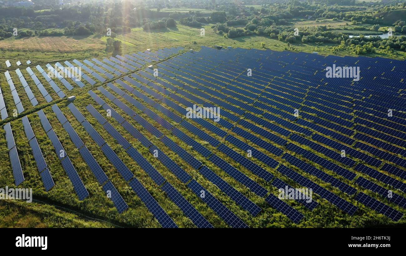 View of a solar power plant, rows of solar panels, solar panels, top ...