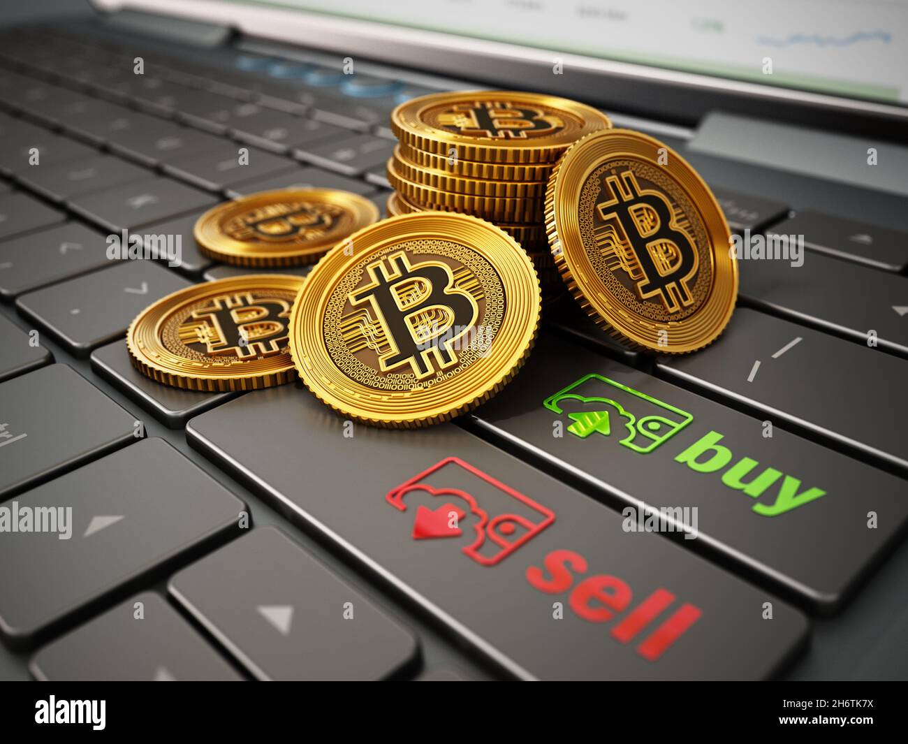 Generic crypto currency coins, buy and sell icons standing on laptop ...