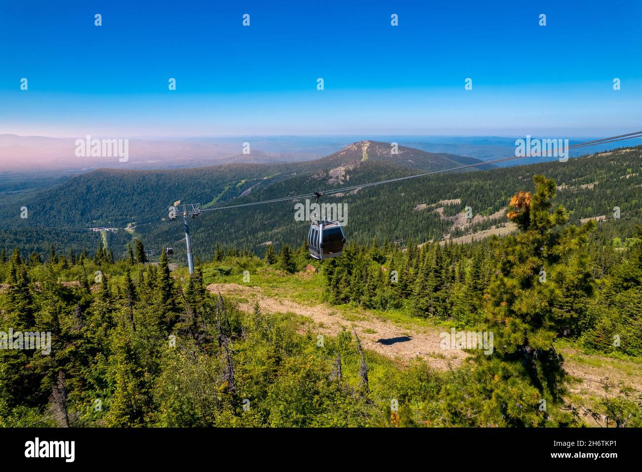 Sheregesh ski lift resort in summer, landscape on mountain and hotels ...