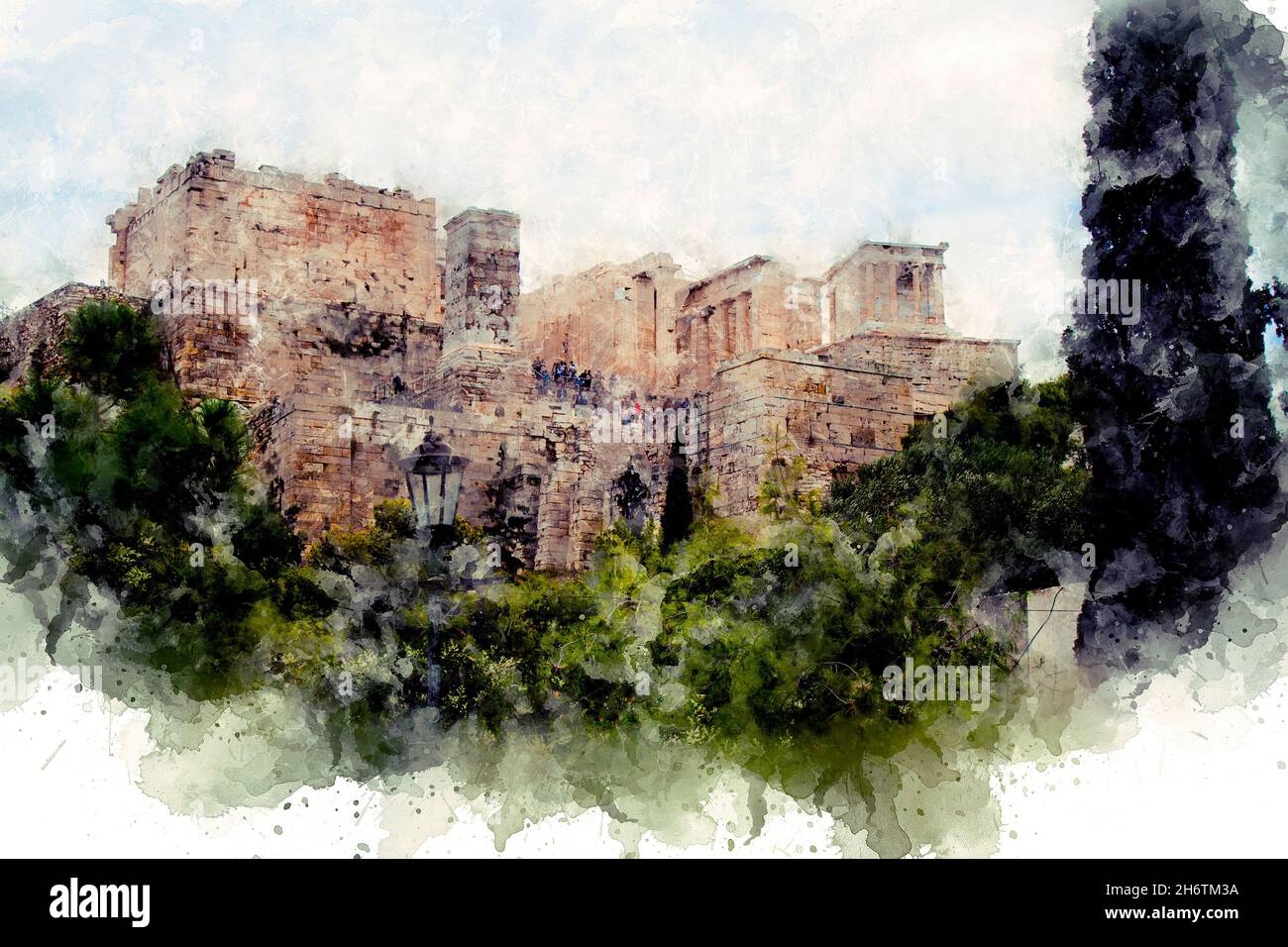 Watercolor drawing. View of the Acropolis hill in Athens, Greece Stock ...
