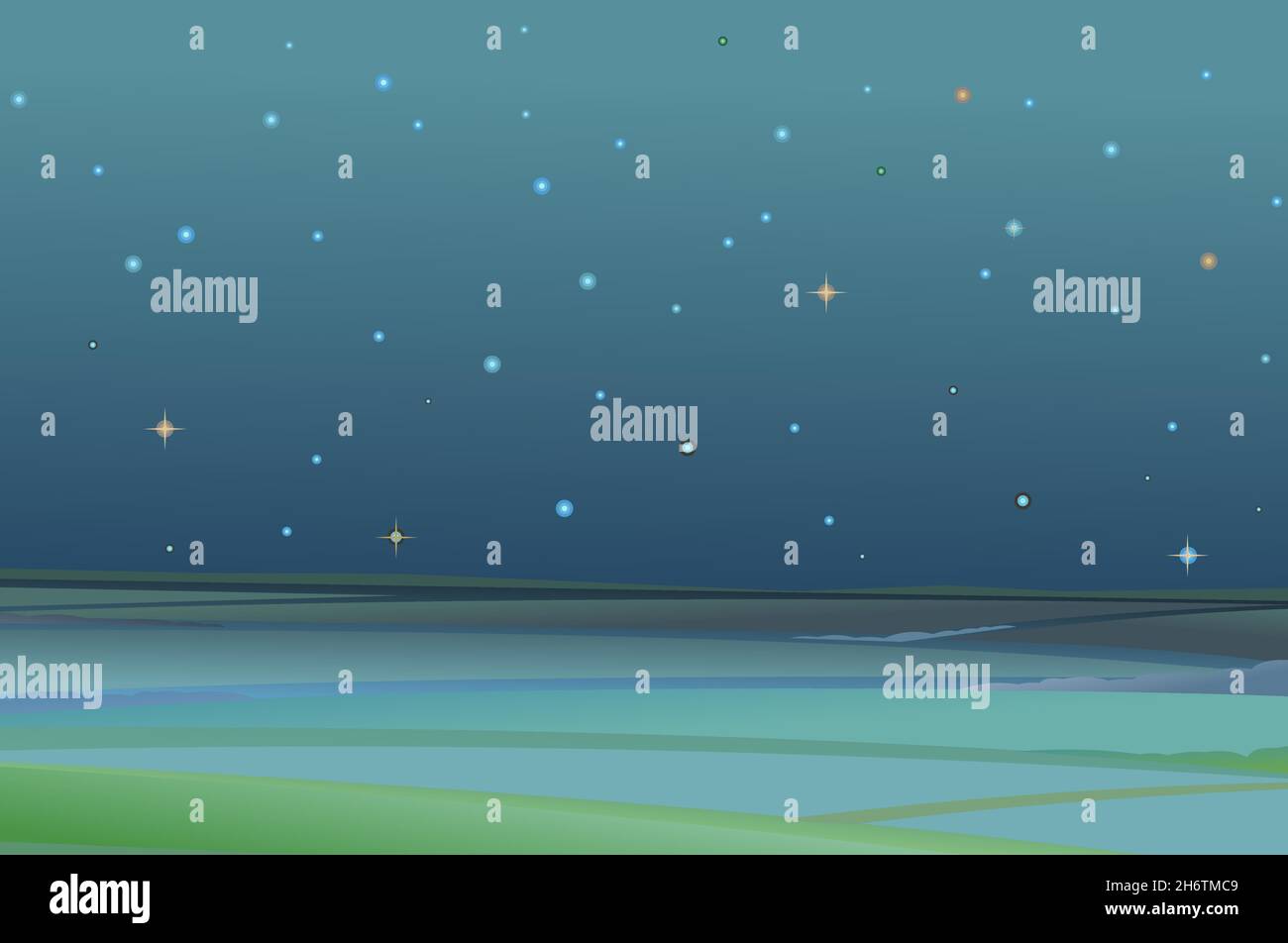 Night rural landscape. Starry scy. View of farm garden fields and hills ...