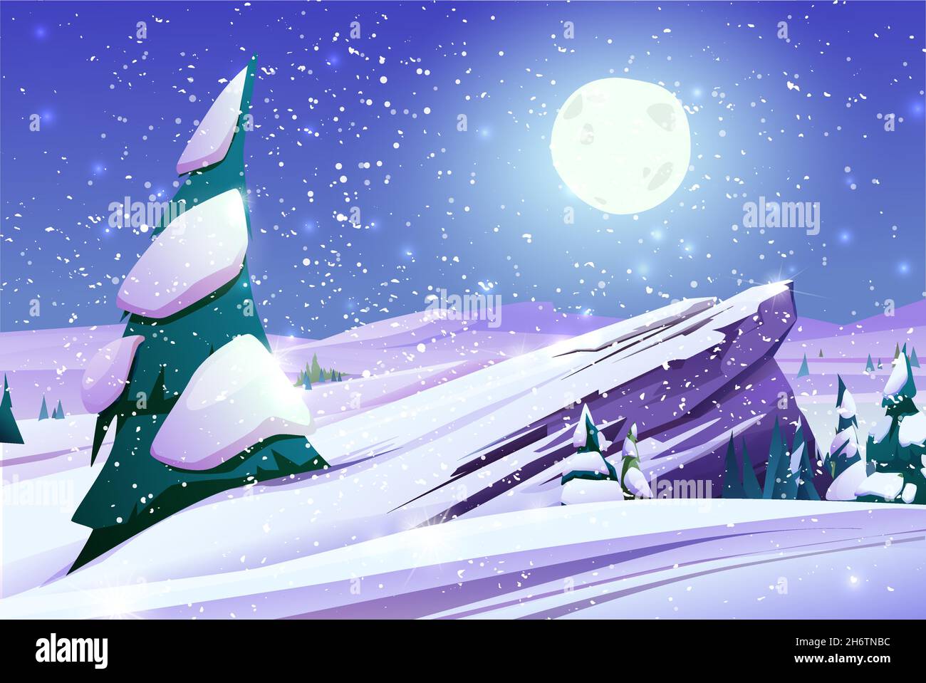 Mountain winter landscape with snowy trees, moon and stars. Snowy night ...