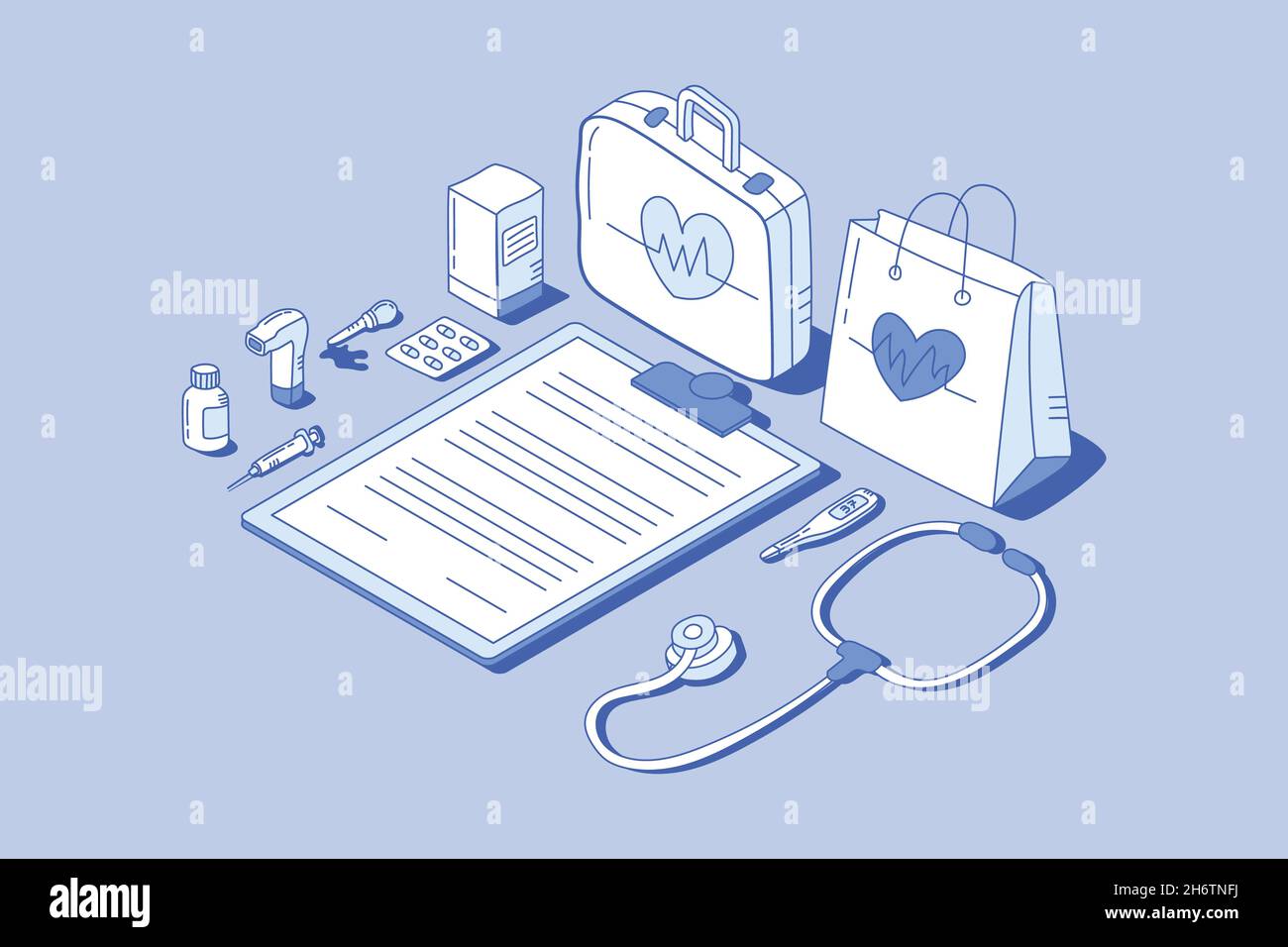 pharmacy store concept with outline isometric style vector illustration ...