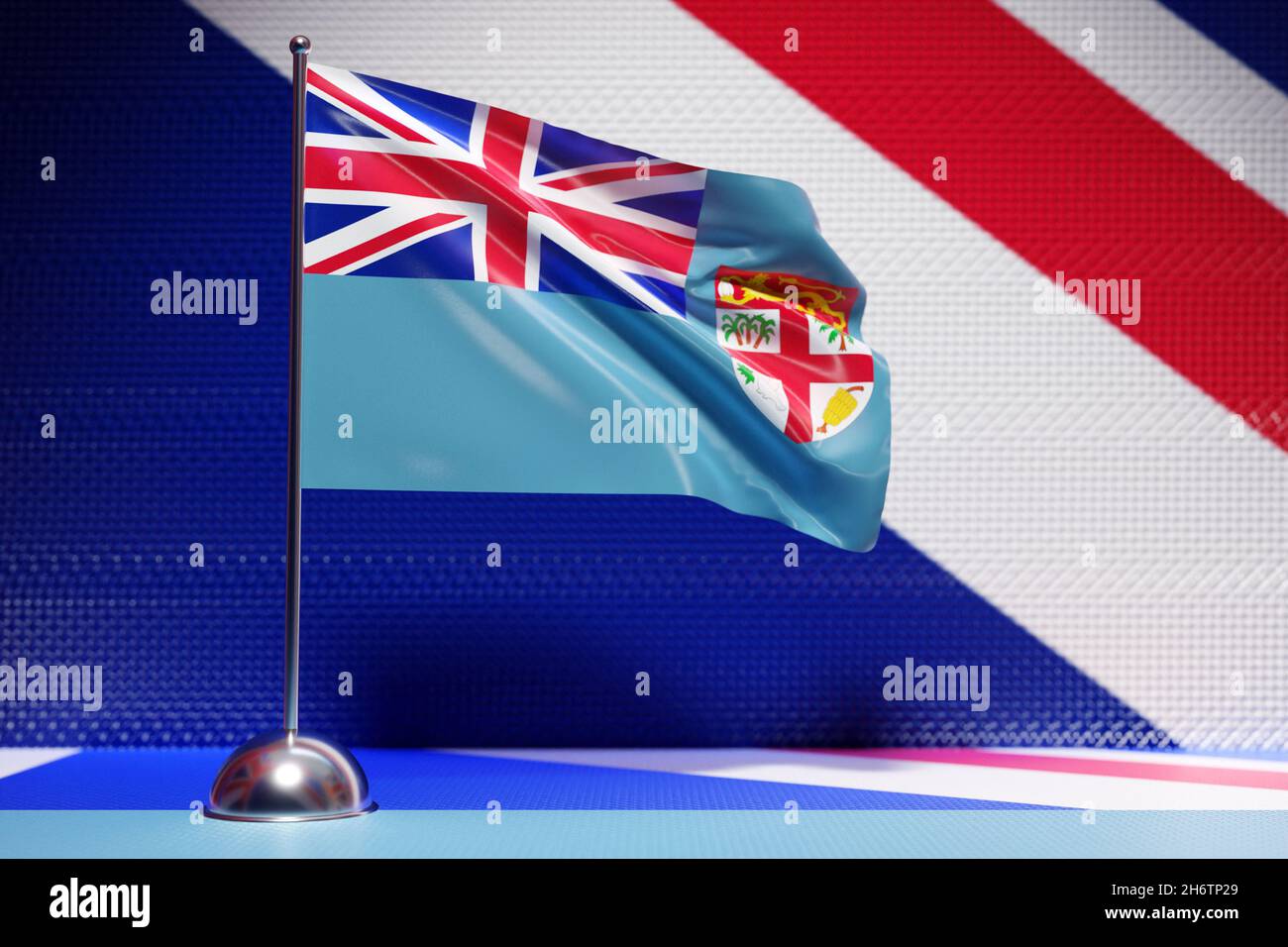 3D illustration of the national flag of Fiji on a metal flagpole ...