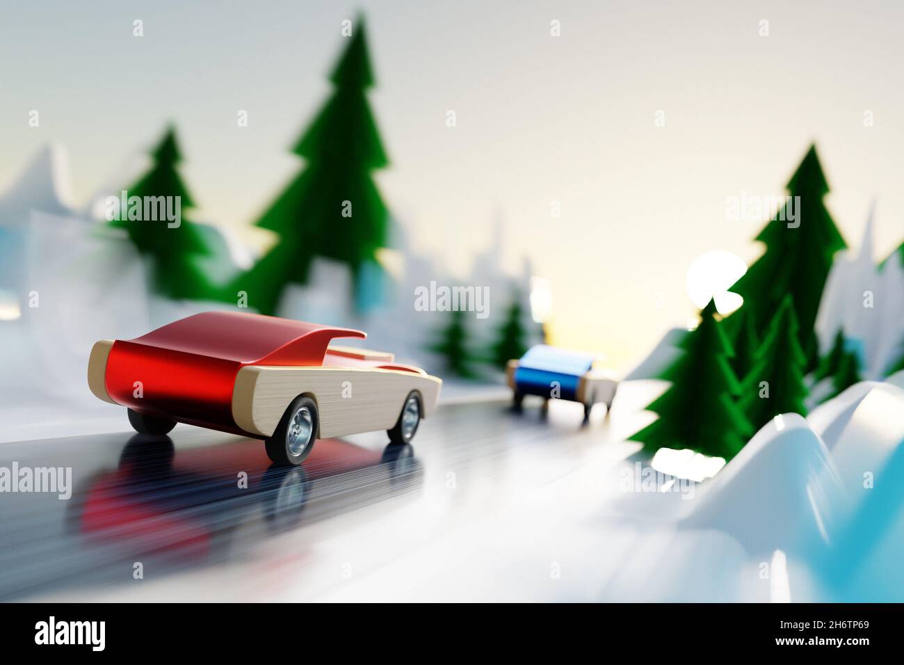 3D illustration on a racing track along a snowy forest two kids racing ...