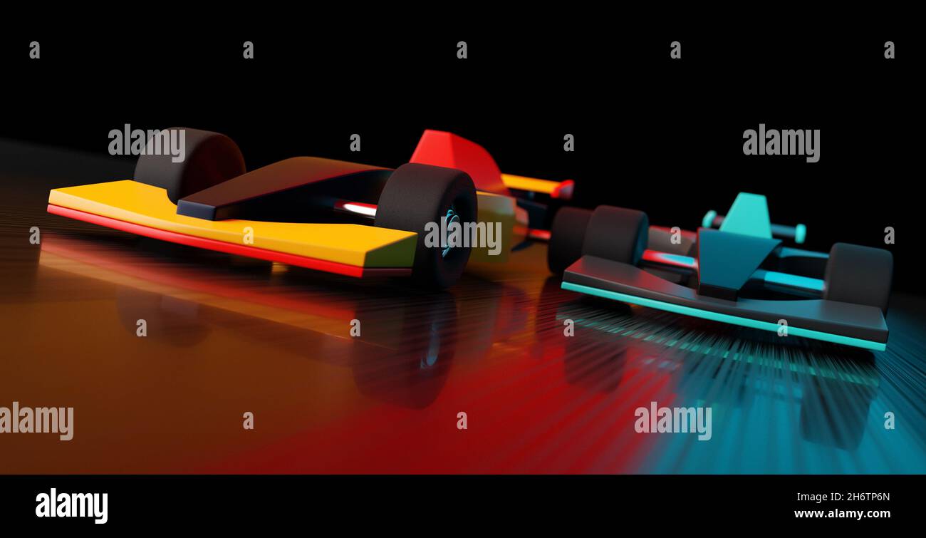 3d illustration various racing cars stand at the start on the track ...
