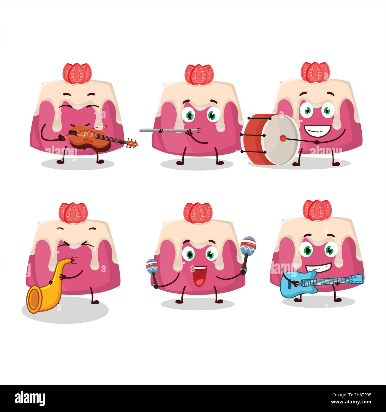 Cartoon character of strawberry pudding cake playing some musical ...