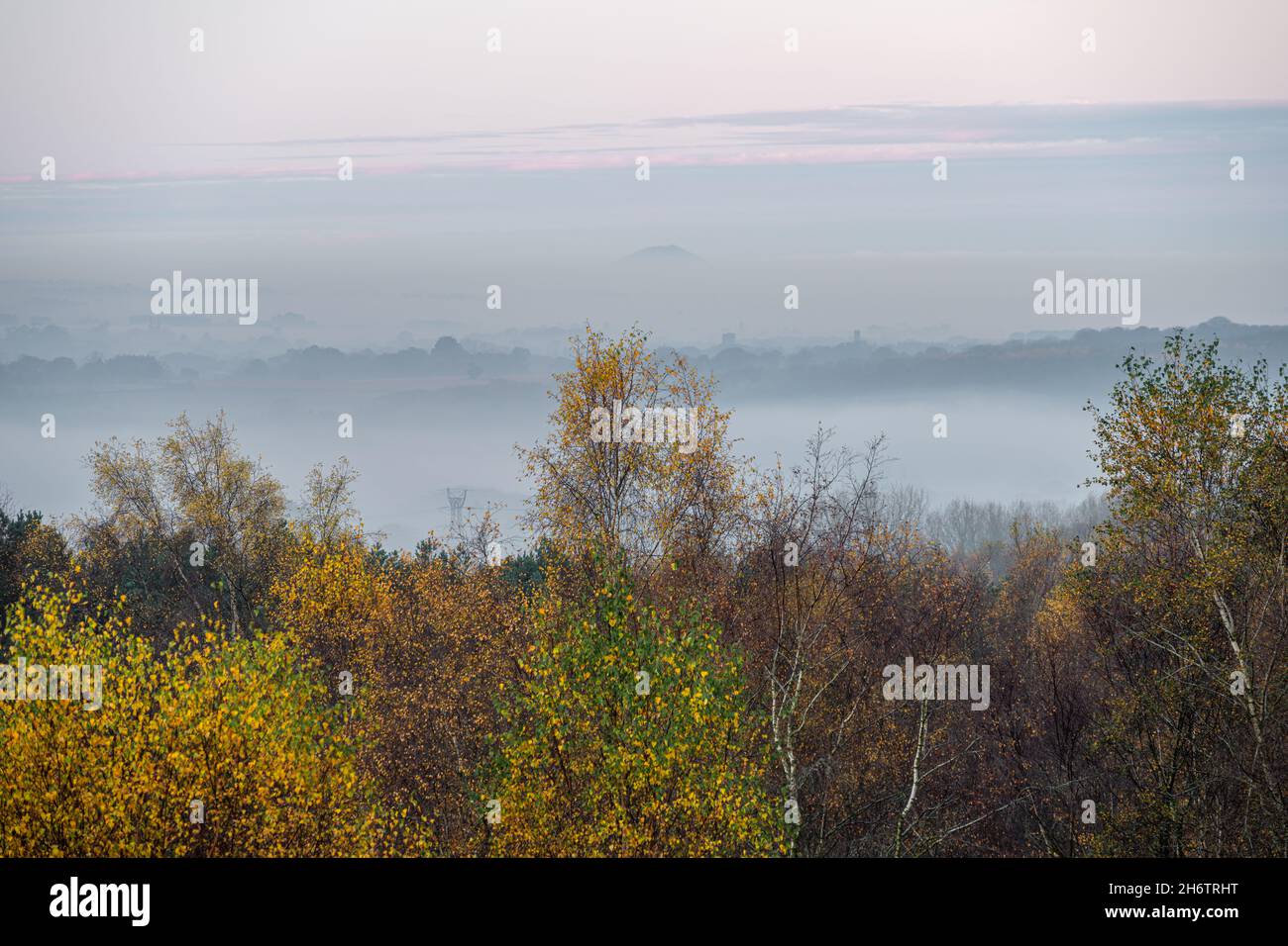 Sunrise, and golden autumnal fall tree and leaf colours at the Downs ...