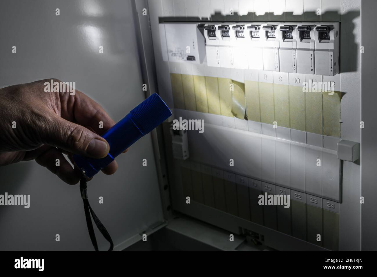 Fuse box with fuses in a distribution box during a power outage ...