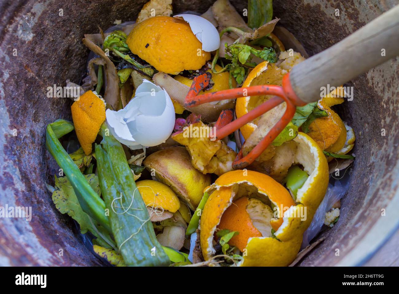 Closeup shot of an old bucket with vegetables and other rubbish to make ...