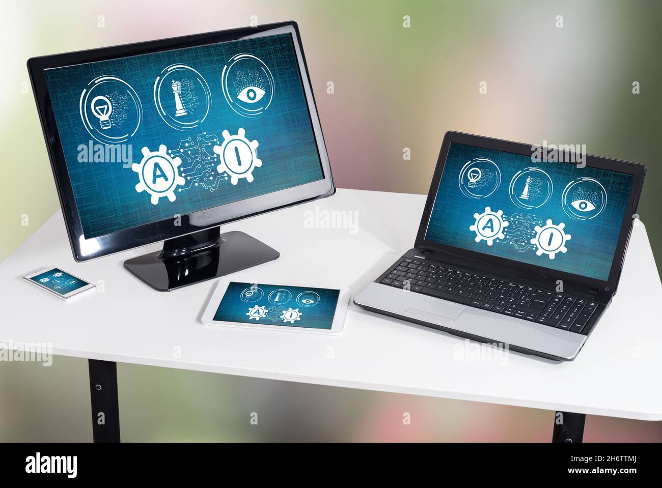 Ai concept shown on different information technology devices Stock ...