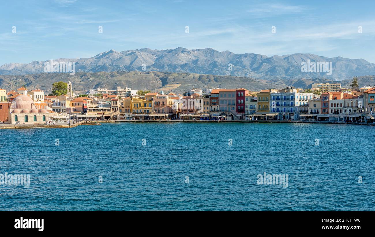 View on old Venetian harbor in Chania city on Crete island, Greece ...