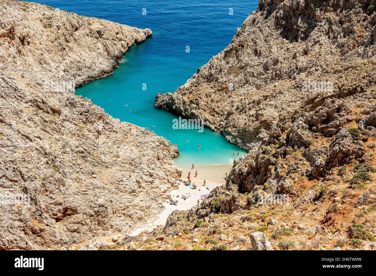 Aerial top view by drone of beach of Seitan Limania in bay with ...