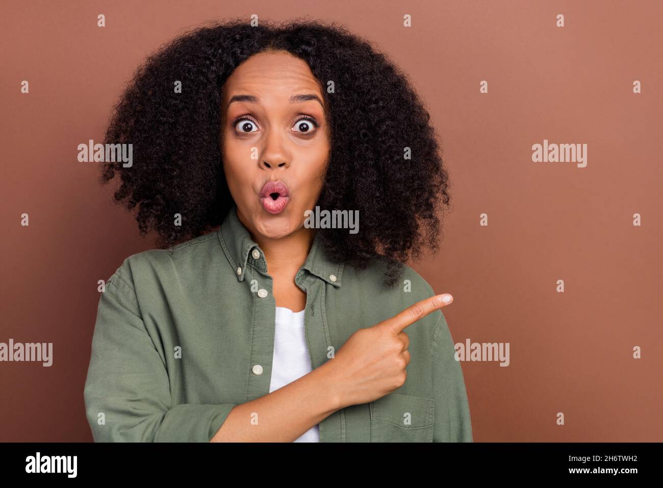 Photo Of Hooray Brunette Millennial Afro Hairstyle Lady Indicate Empty