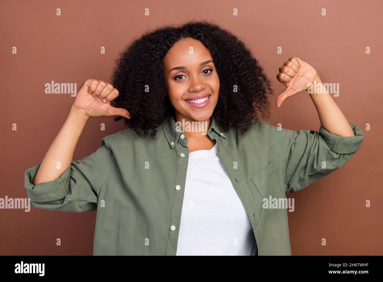 Photo Of Funky Brunette Millennial Afro Hairstyle Lady Show Herself