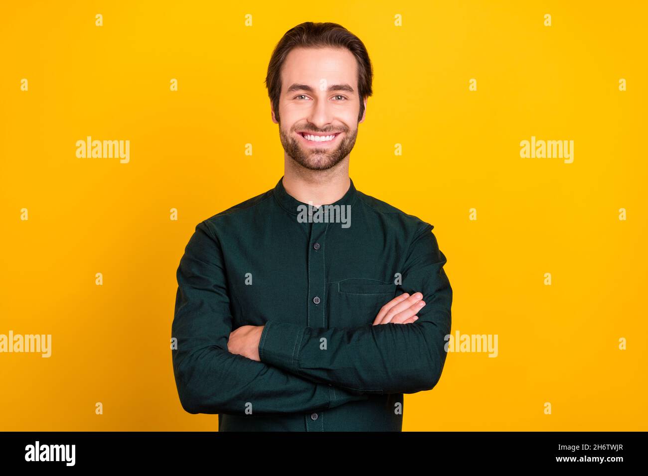 Photo of pretty confident young man wear smart casual outfit smiling ...