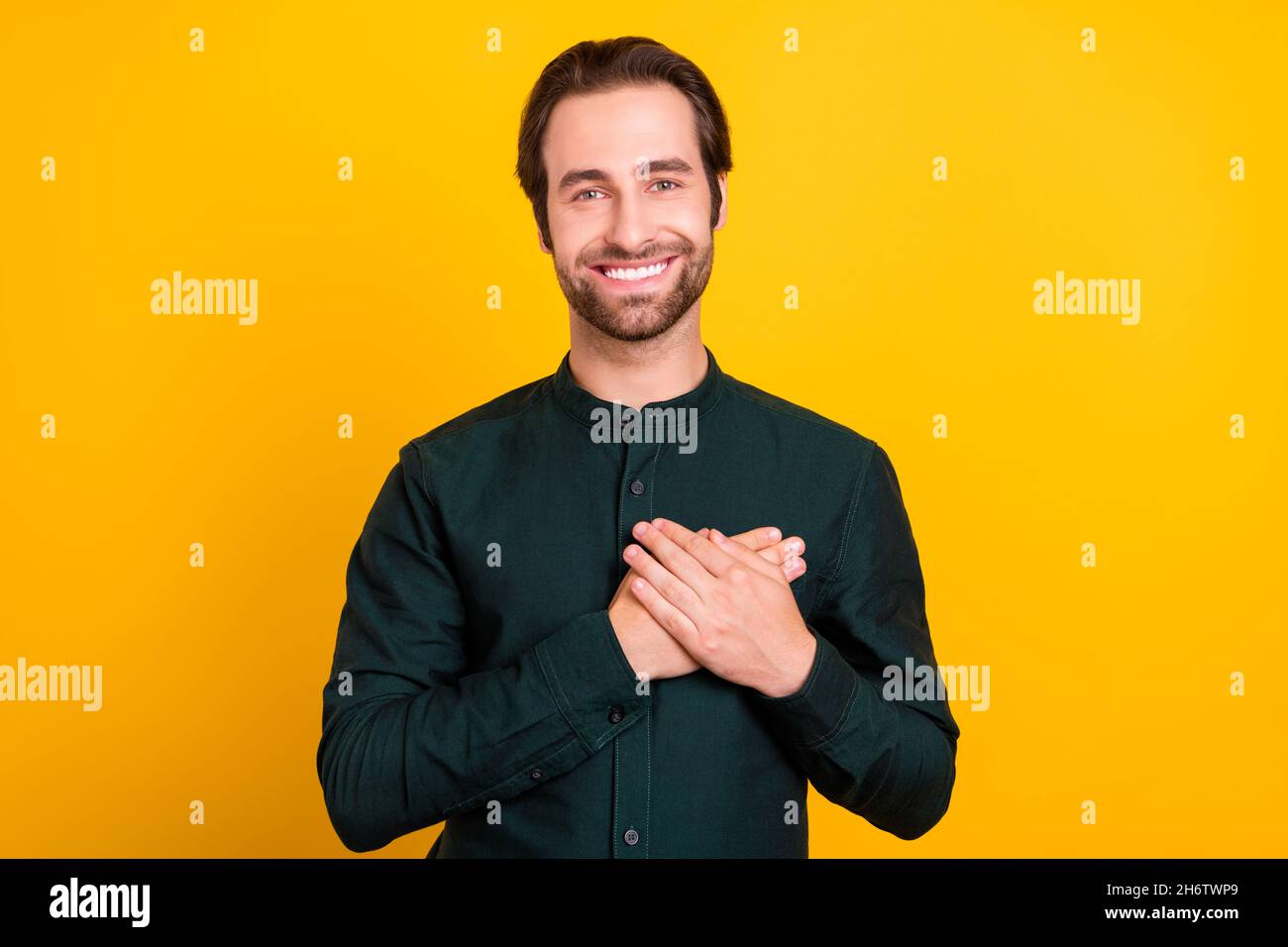 Photo of adorable attractive young guy dressed smart casual clothes ...