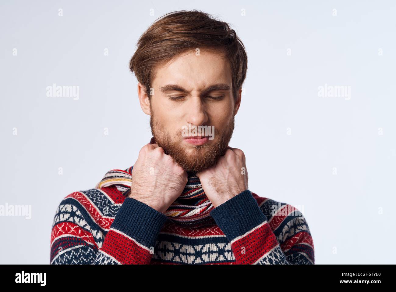 cold man sore throat health problem flu symptoms isolated background Stock Photo - Alamy