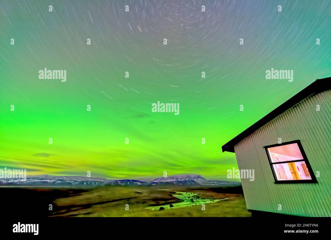 Aurora borealis lights, river and house long exposure Stock Photo - Alamy