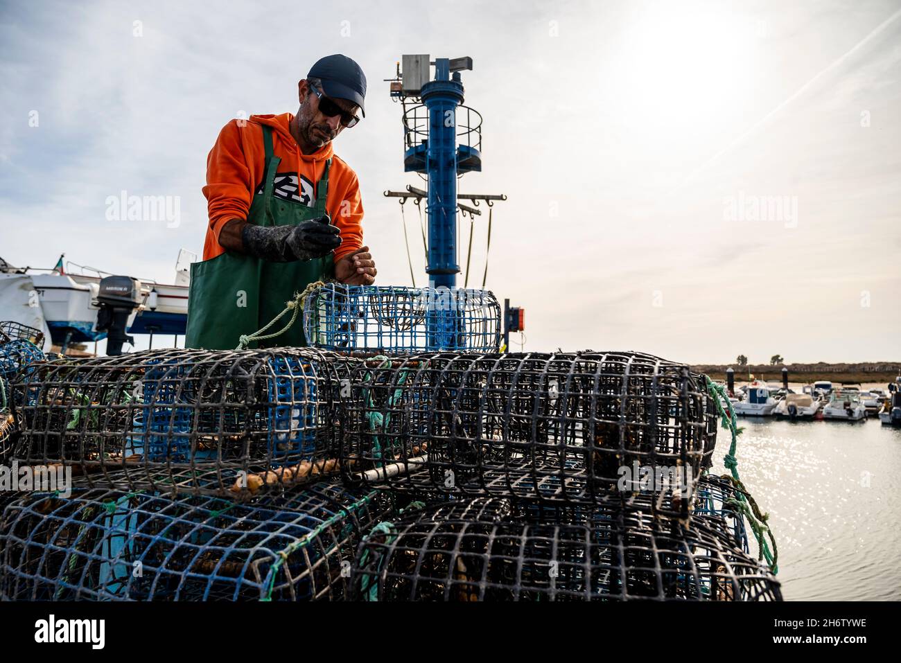 Fisherman puts crab inside octopus trap in Alvor, Algarve, Portugal ...