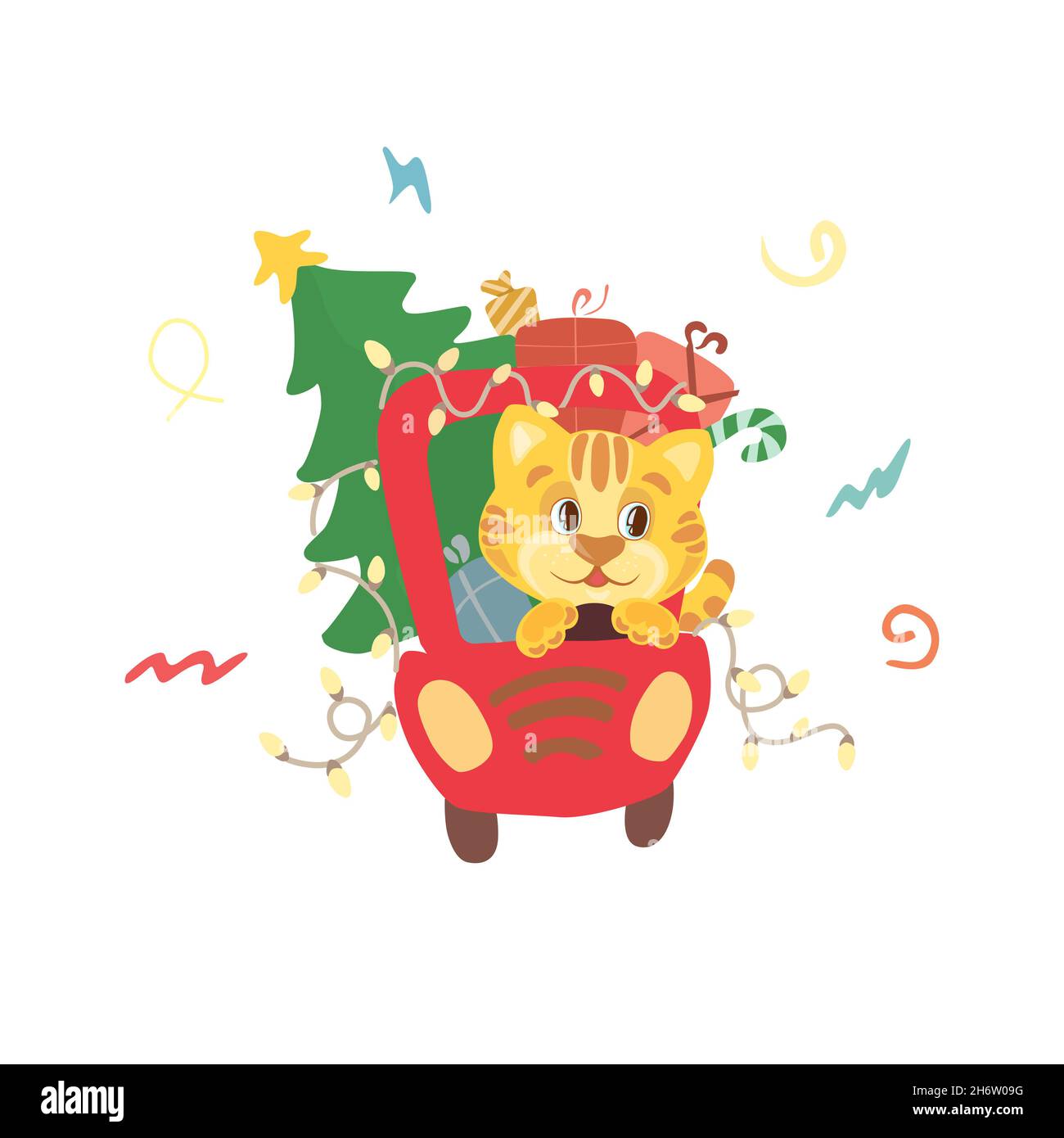 Christmas tiger on white background. Cute drawings of characters on the ...