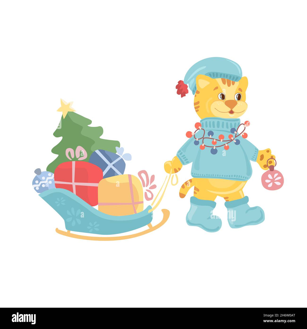 Christmas tiger . holiday postcard. Cute drawings of characters on the ...