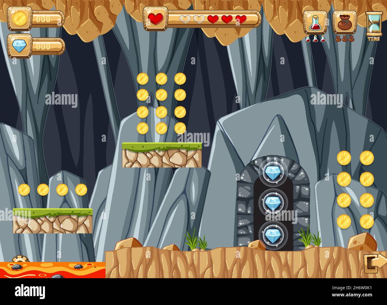 Platformer game template with underground lava theme illustration Stock ...